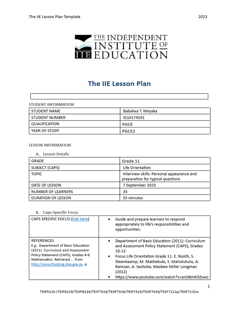 Lesson Plan Grade 11 Interview Skills | PDF | Lesson Plan | Learning