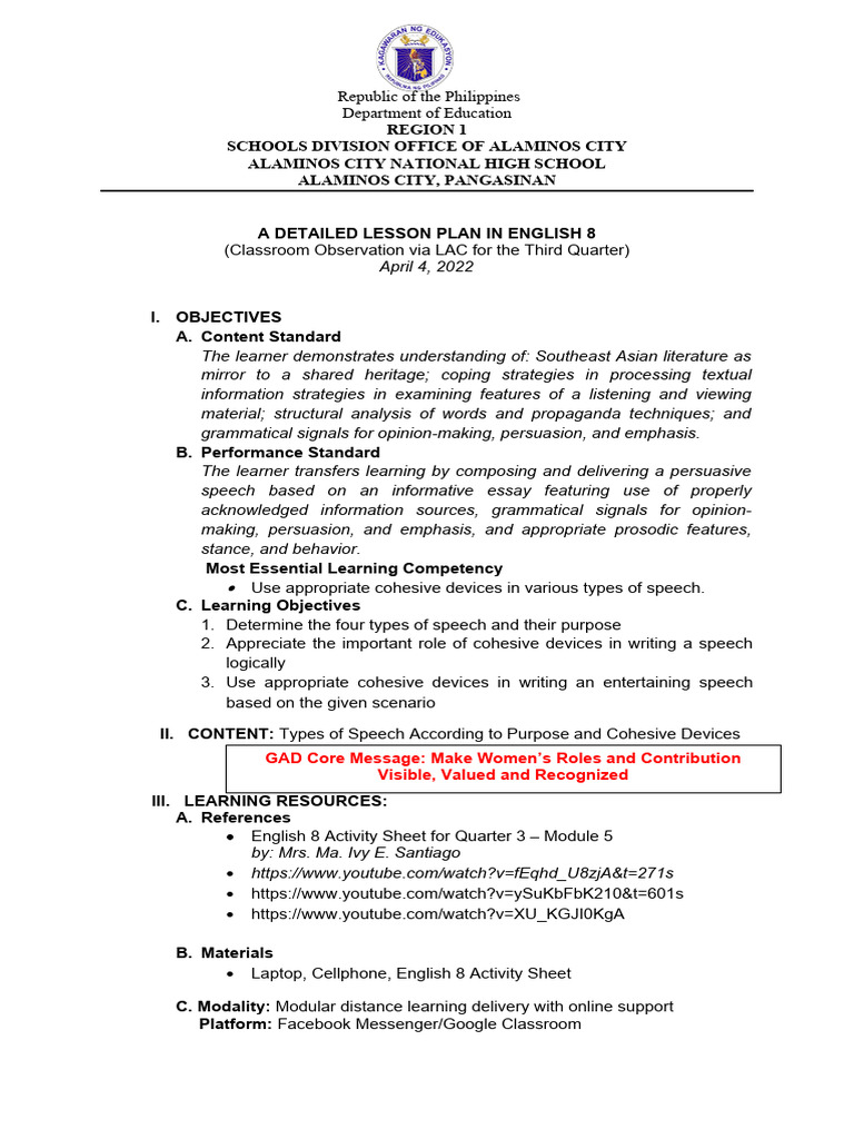 English 8 Detailed LP For CO1 Via LAC MESantiago | PDF | Learning | Truth