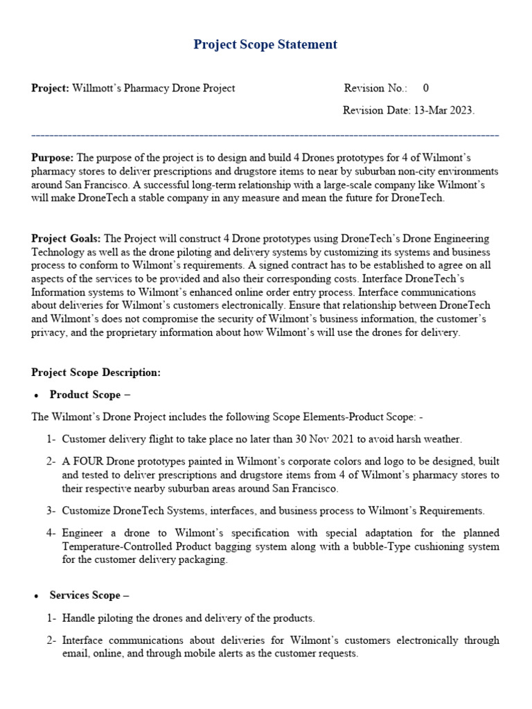 Assi 01 - Wilmont's DroneTech - Project Scope Statement | PDF | Unmanned Aerial Vehicle