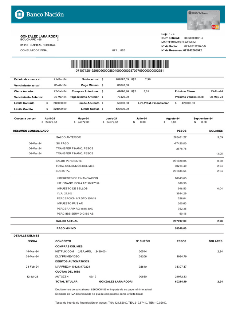 Resumen de Cuenta Mastercard Marzo 2024 | PDF | Tarjeta de crédito ...