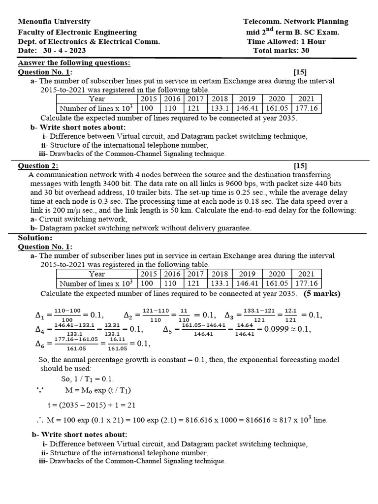 Network Planning , midterm 2023 Exam Solution | PDF | Computer Network | Telephone Exchange