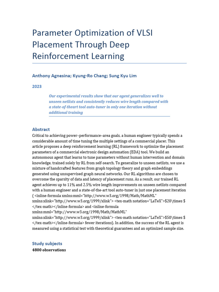 Parameter Optimization Of Vlsi Placement Through Deep Reinforcement Learning Pdf