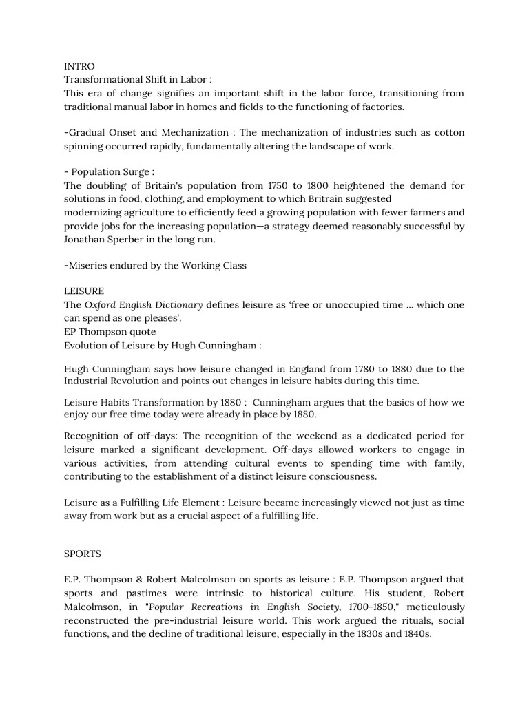 Industrial Revolution's Impact on Leisure | PDF | Leisure | Working Class