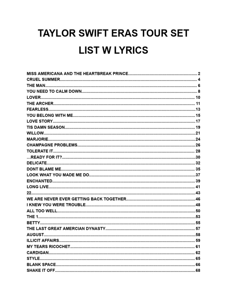 Taylor Swift Eras Tour Setlist & Lyrics | PDF | Taylor Swift | Song ...