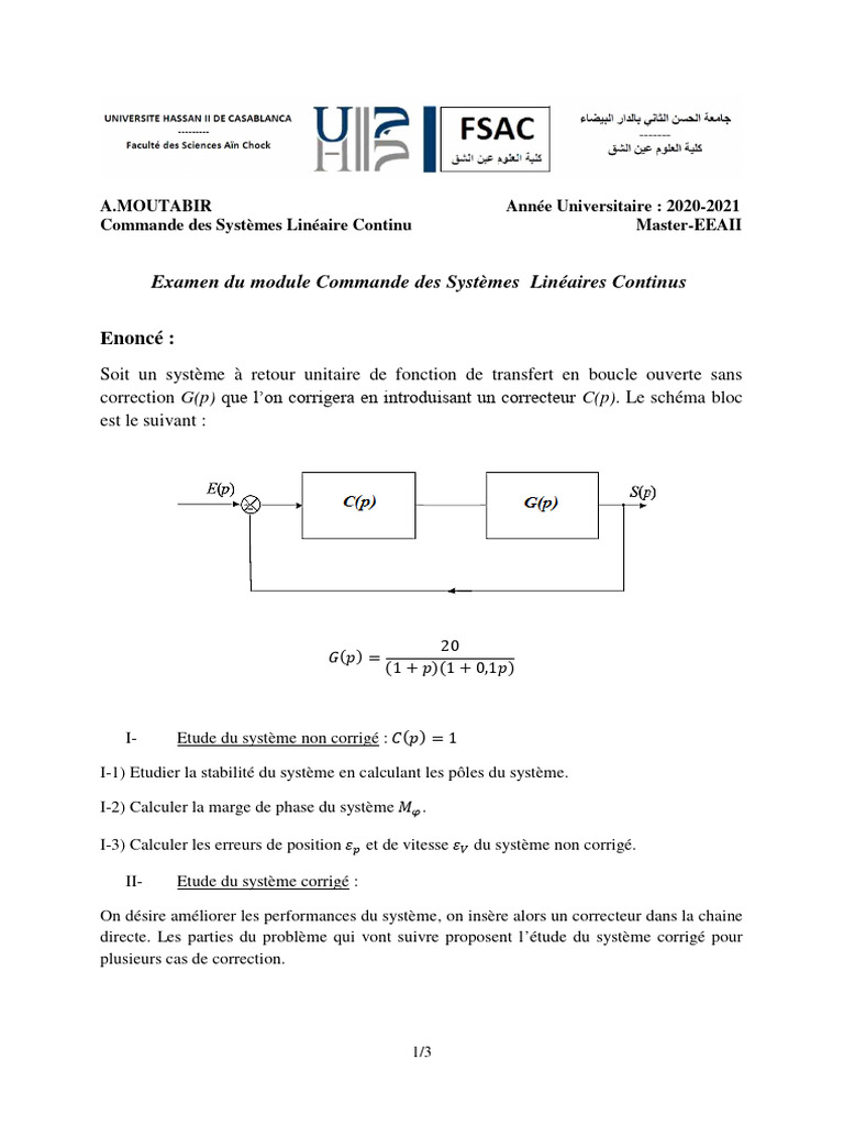 Commande Automatique des Systèmes Linéaires | PDF | Régulation ...
