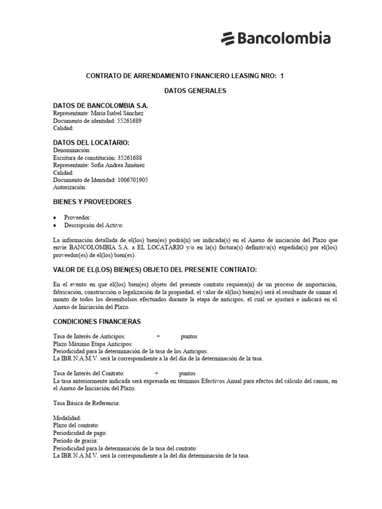 Formato Contrato de Leasing Habitacional | PDF | Póliza de seguros | Bancos