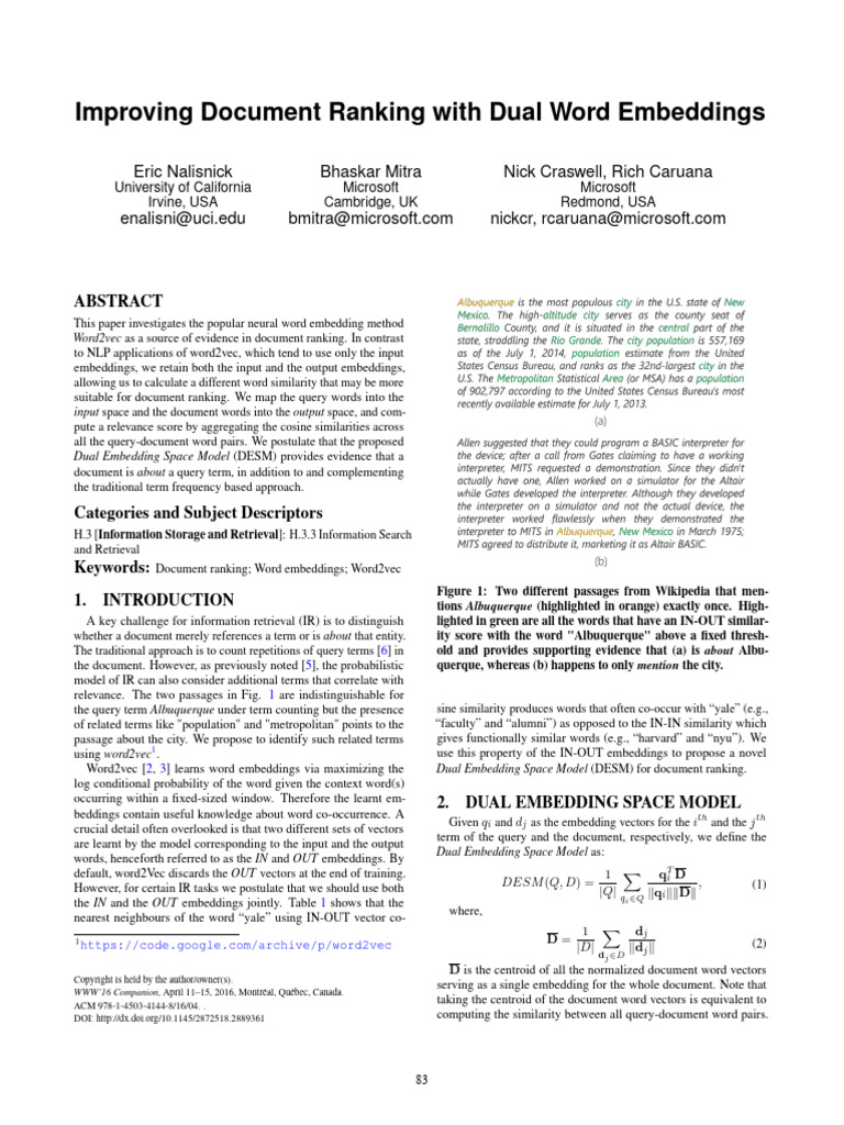 Improving Document Ranking With Dual Word Embeddings | PDF | Information Retrieval | Artificial ...