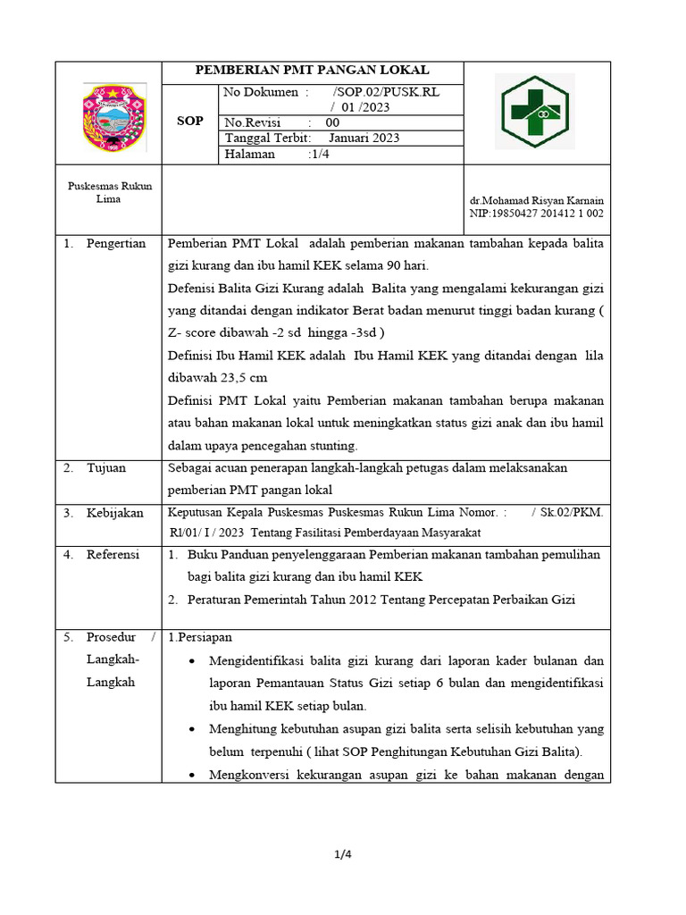 SOP Pemberian PMT Tahun 2023 | PDF