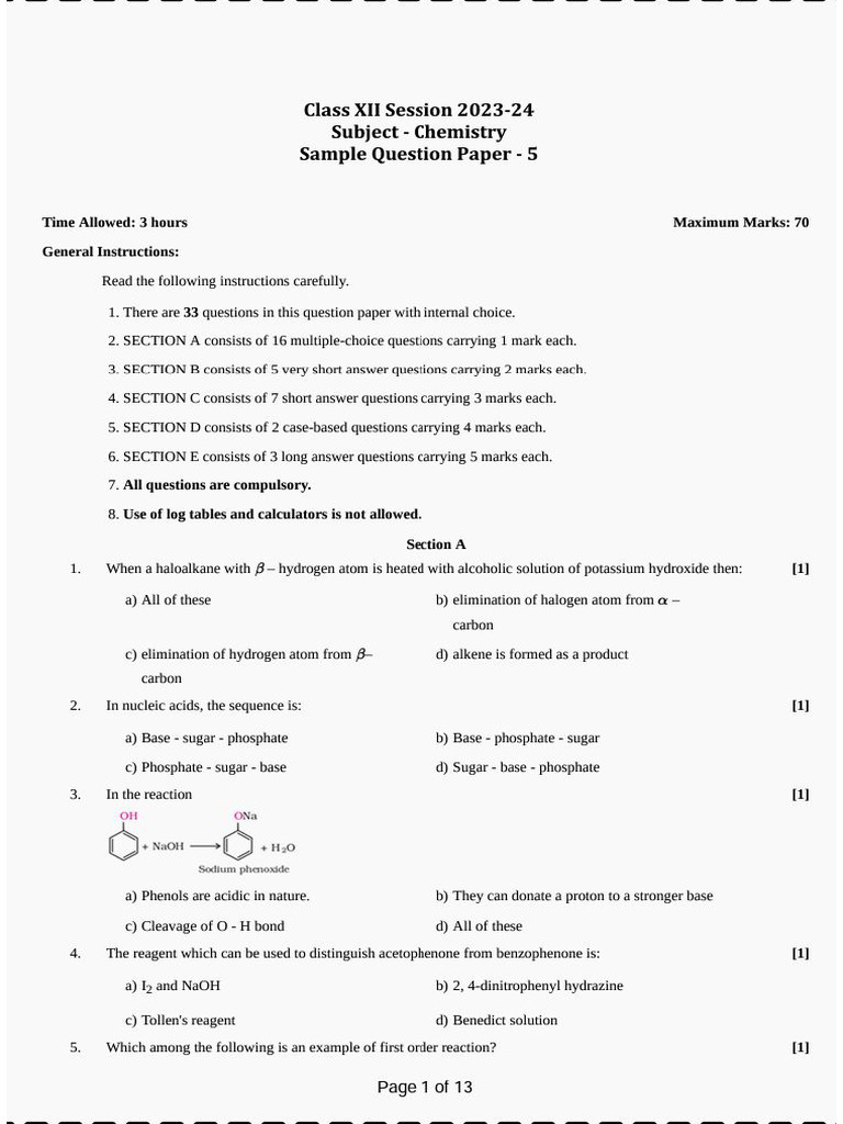 Sample Paper-5 (2023-2024) For Chemistry | PDF