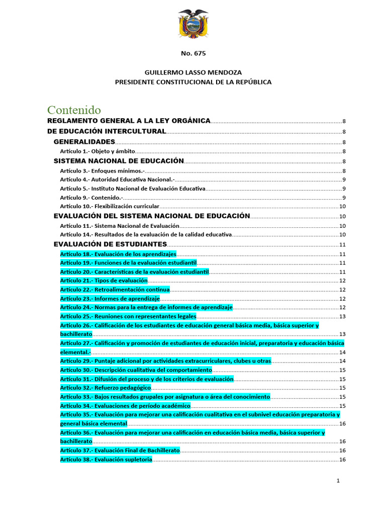 Decreto Ejecutivo No. 675 REGLAMENTO-LOEI | PDF | Evaluación | Plan de estudios