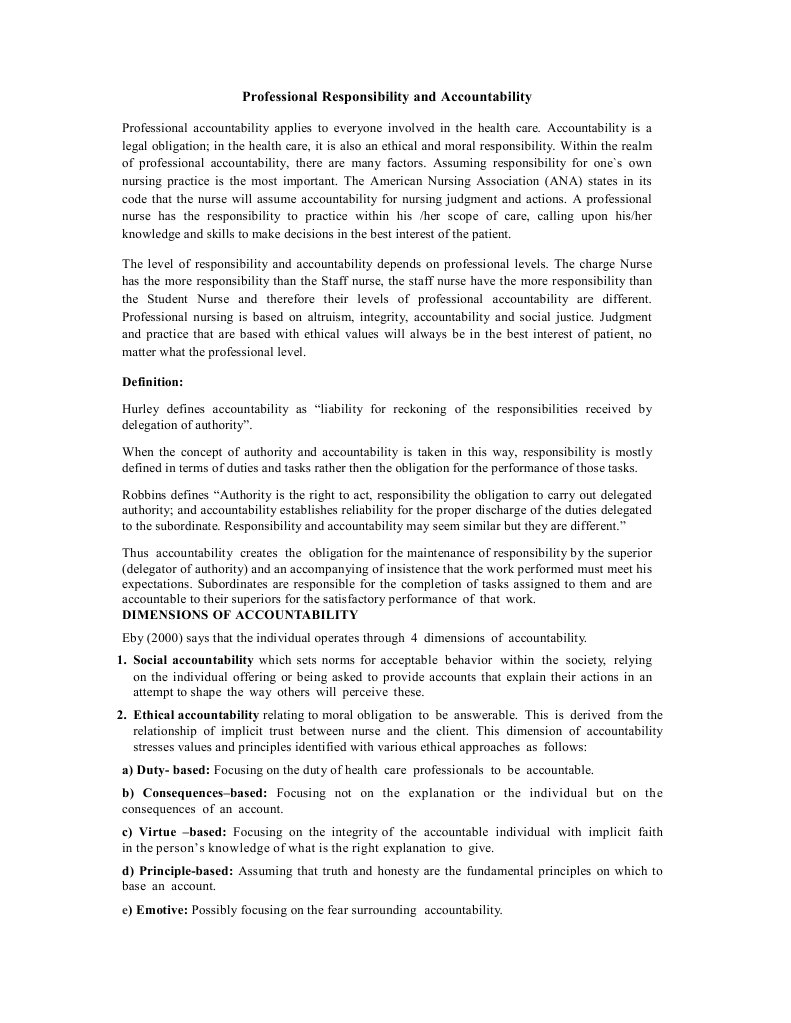 Professional Responsibility and Accountability | PDF | Nursing ...