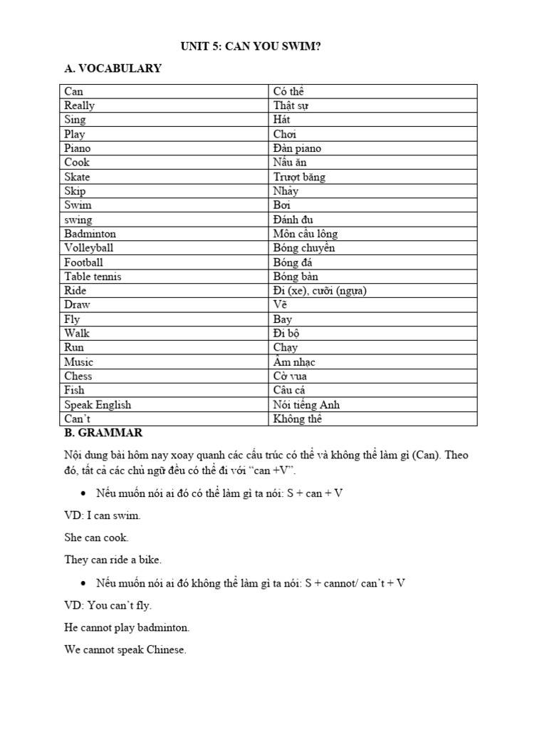 Unit 5 Can You Swim | PDF