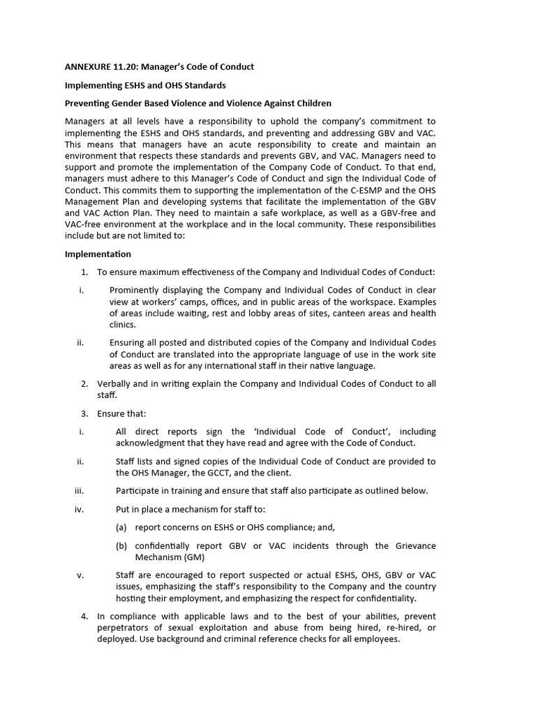 Manager's Code: ESHS, OHS, GBV, VAC Compliance | PDF | Employment ...