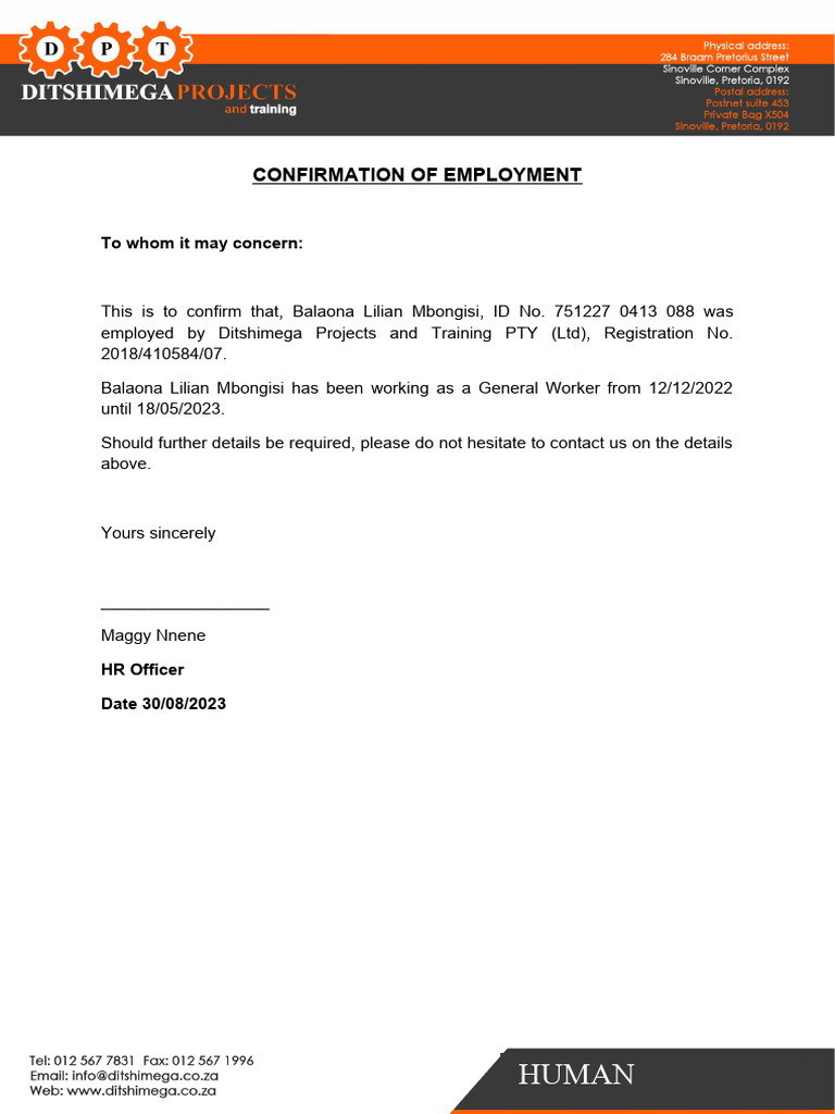 Confirmation of Employment - KGOKONG PO | PDF