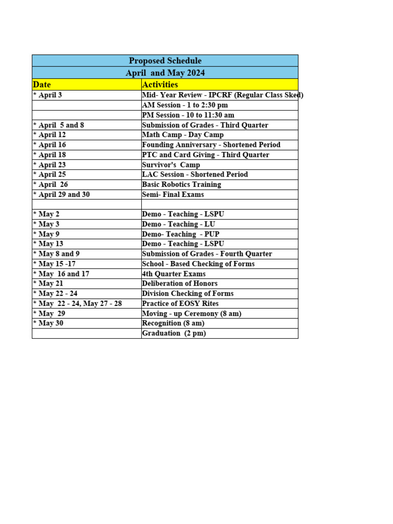 Proposed Calendar of Activities April and May 2024 | PDF