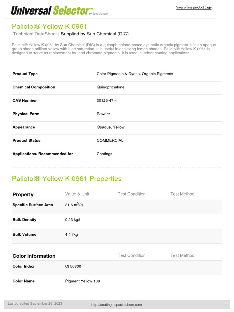 Paliotol® Yellow K 0961 - Sun Chemical (DIC) | Download Free PDF ...