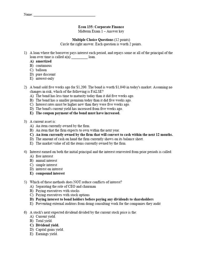 Midterm 1 Spring 13 Answer Key | PDF | Bonds (Finance) | Interest