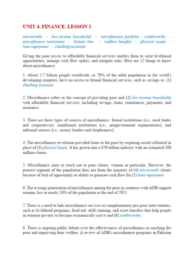 Unit 4 - Finance - Lesson 2 - Key | PDF | Microfinance | Poverty