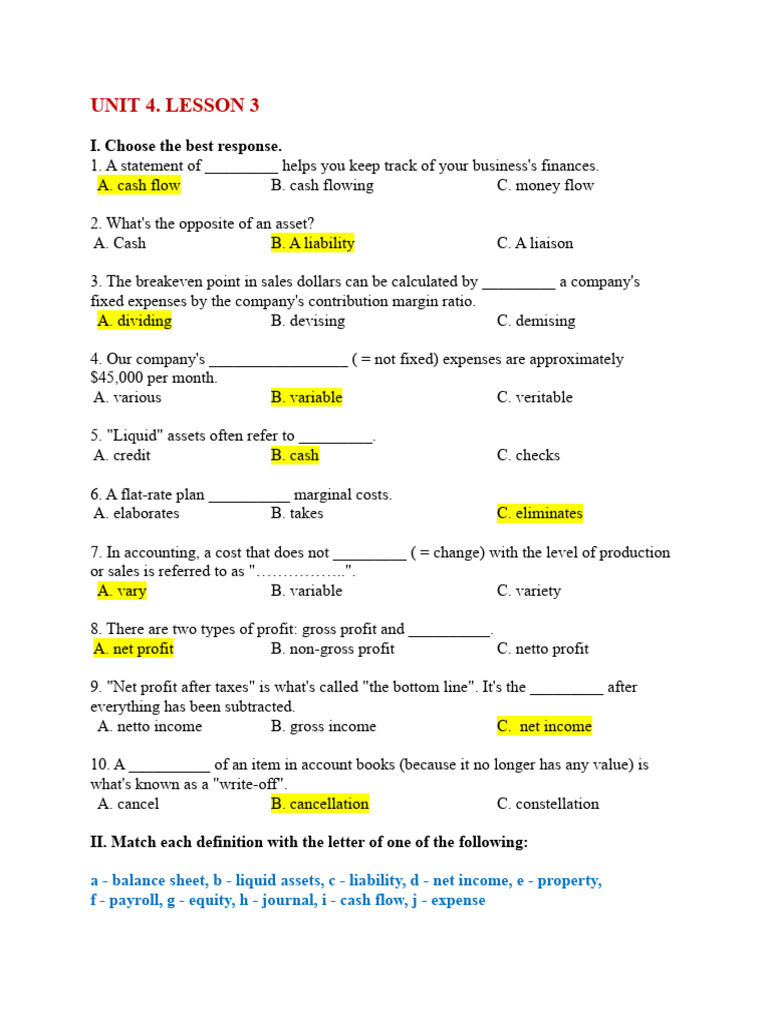 Unit 4 - Lesson 3 - Accounting - Key | PDF | Balance Sheet | Financial ...