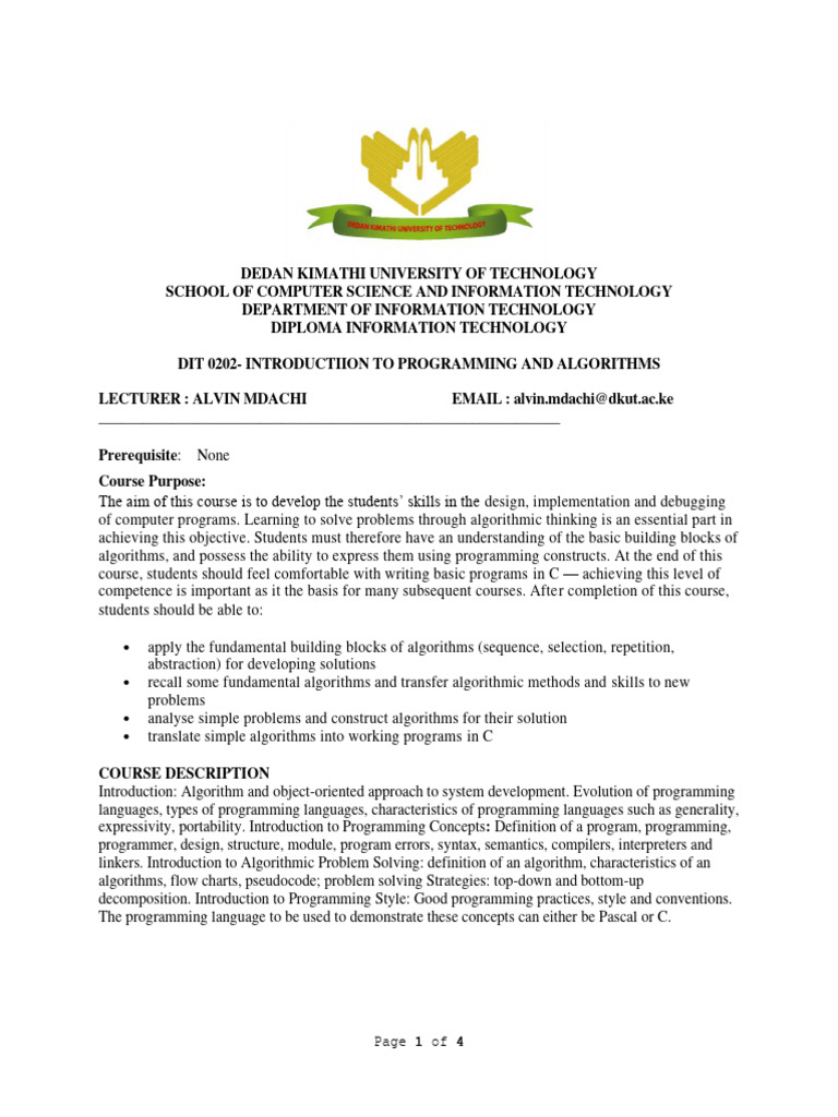 Dit 0202 - Introduction To Programming and Algorithms - Course Outline | PDF | Programming ...