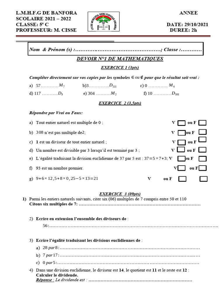 DEVOIR 1 MATHS 5ème - 2 | PDF