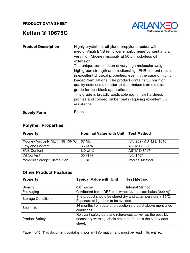 Keltan 10675C Product Data Sheet | PDF | Viscosity | Physical Chemistry