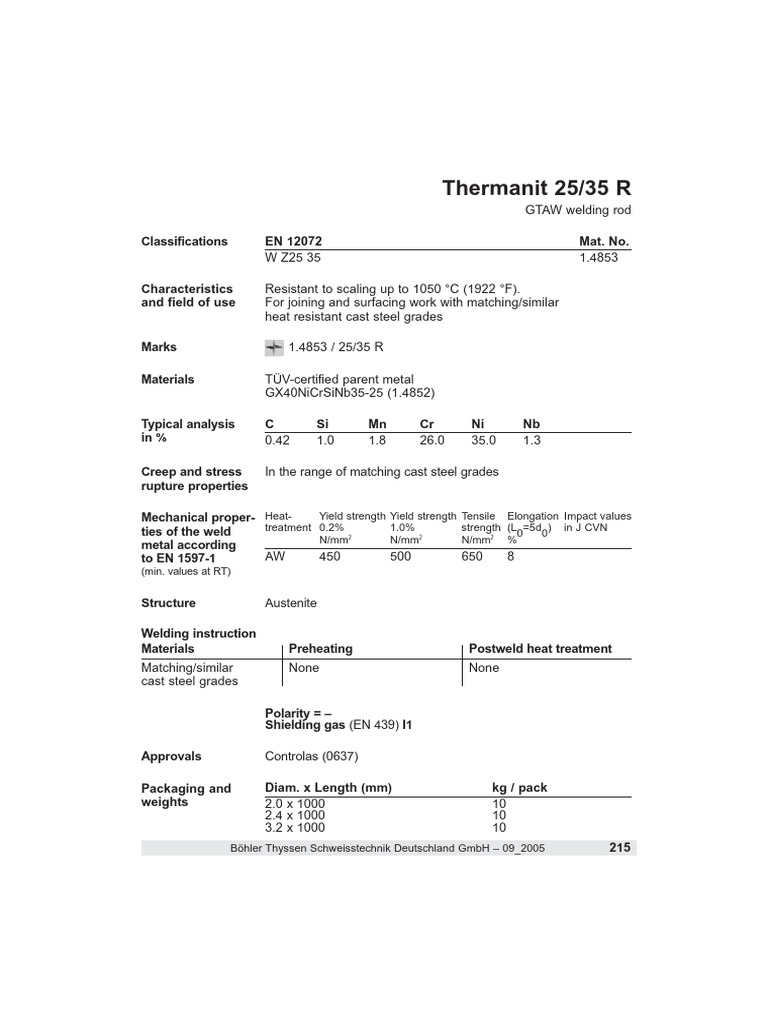 Thermanit 25/35 R GTAW Welding Rod Data | PDF
