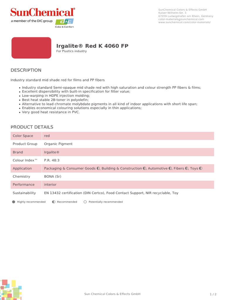 PR48 3 L Irgalite Red K 4060 FP (2X10) - TDS | PDF | Pigment | Color