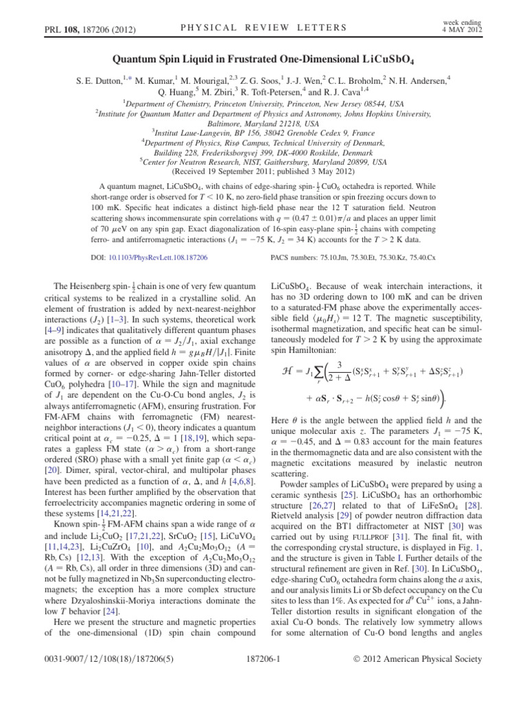 Quantum Spin Liquid in Frustrated One-Dimensional LiCuSbO4 | PDF ...
