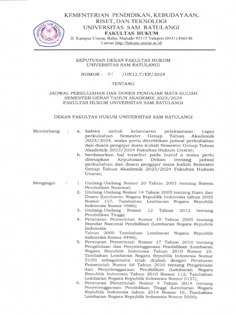 SK Dekan Jadwal Perkuliahan Dan Dosen Pengajar Mata Kuliah Semester ...