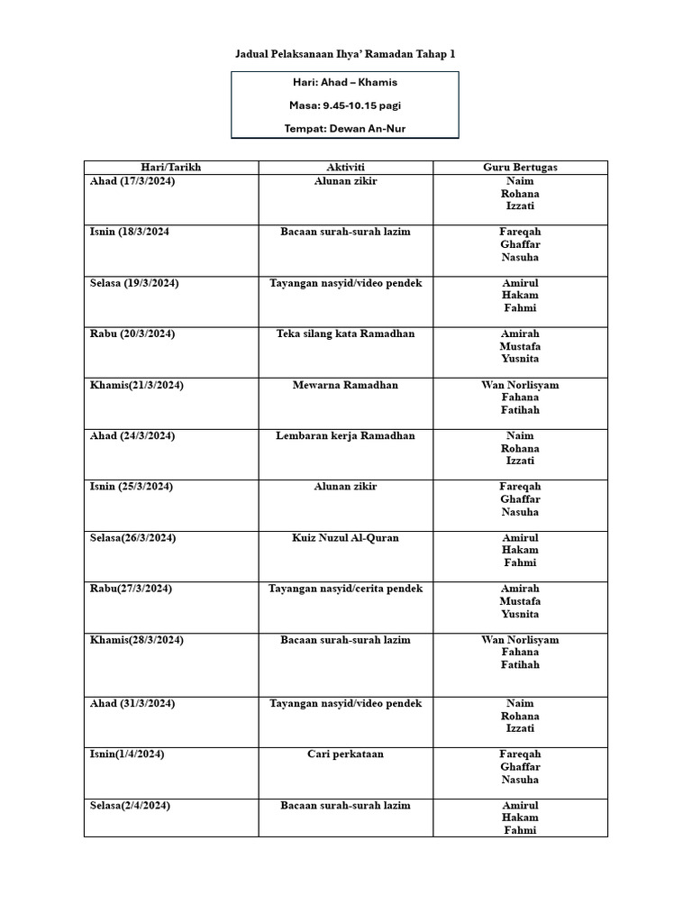 Jadual Pelaksanaan Ihya THP 1 & 2 2024 | PDF