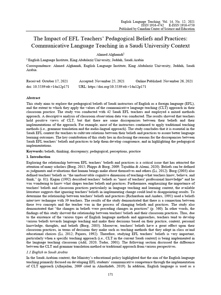 The Impact of EFL Teachers' Pedagogical Beliefs and Practices: Communicative Language Teaching ...