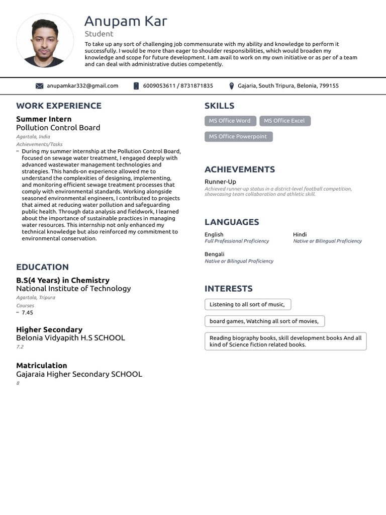 Anupam's Resume | PDF | Sewage Treatment | Water Pollution