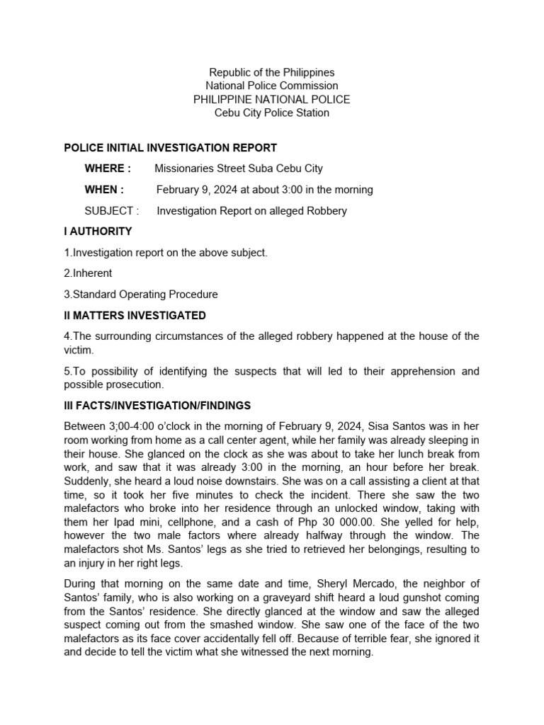 Investigation Report On Robbery | PDF | Misconduct | Criminal Law