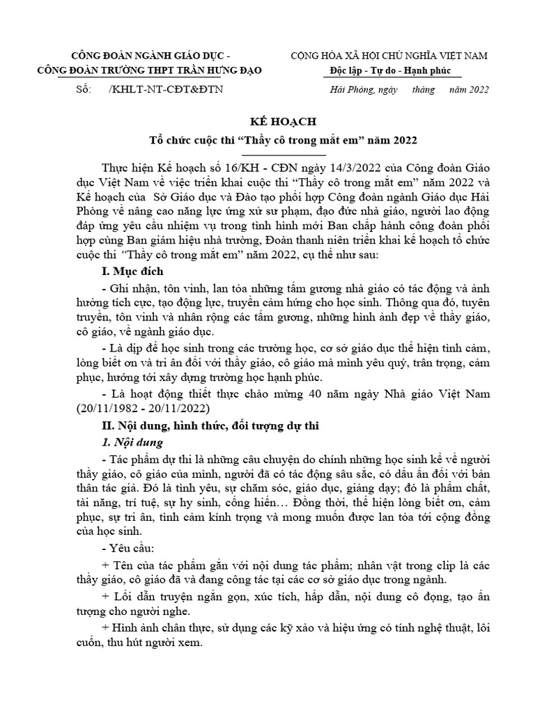 Kế Hoạch Cuoc Thi Thay Co Trong Mat em | PDF