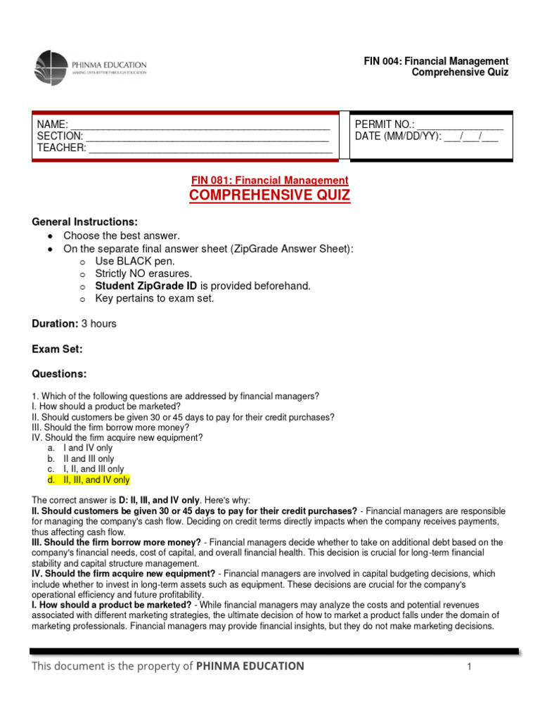 FIN 004 - Comprehensive Quiz - With Answers and Solutions | PDF | Price–Earnings Ratio | Debt