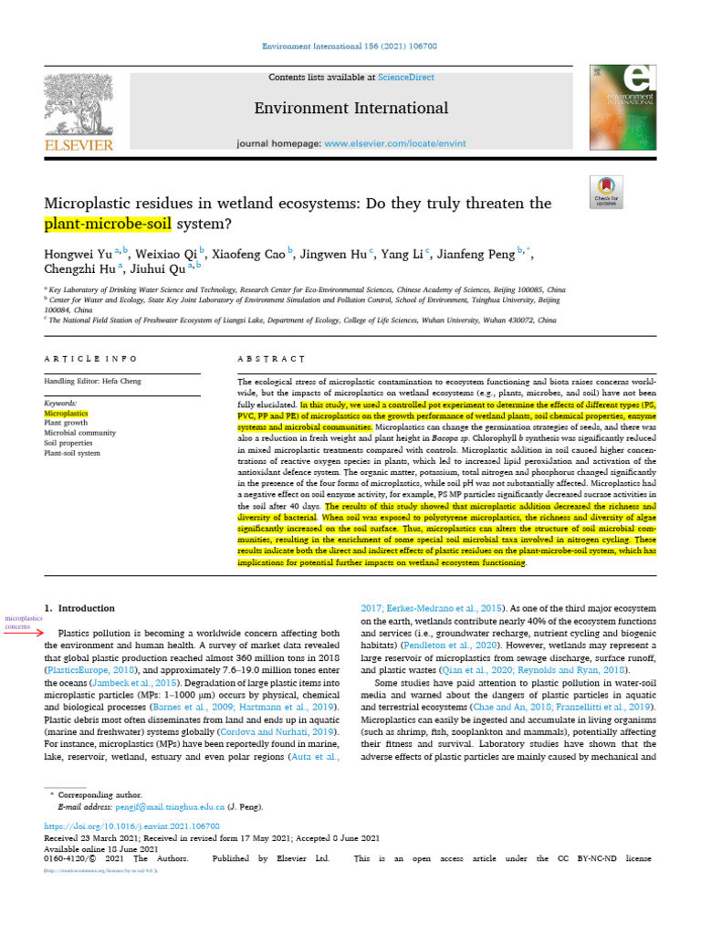 2021 - Paper - Microplastic Residues in Wetland Ecosystems Do They Truly Threaten The Plant ...