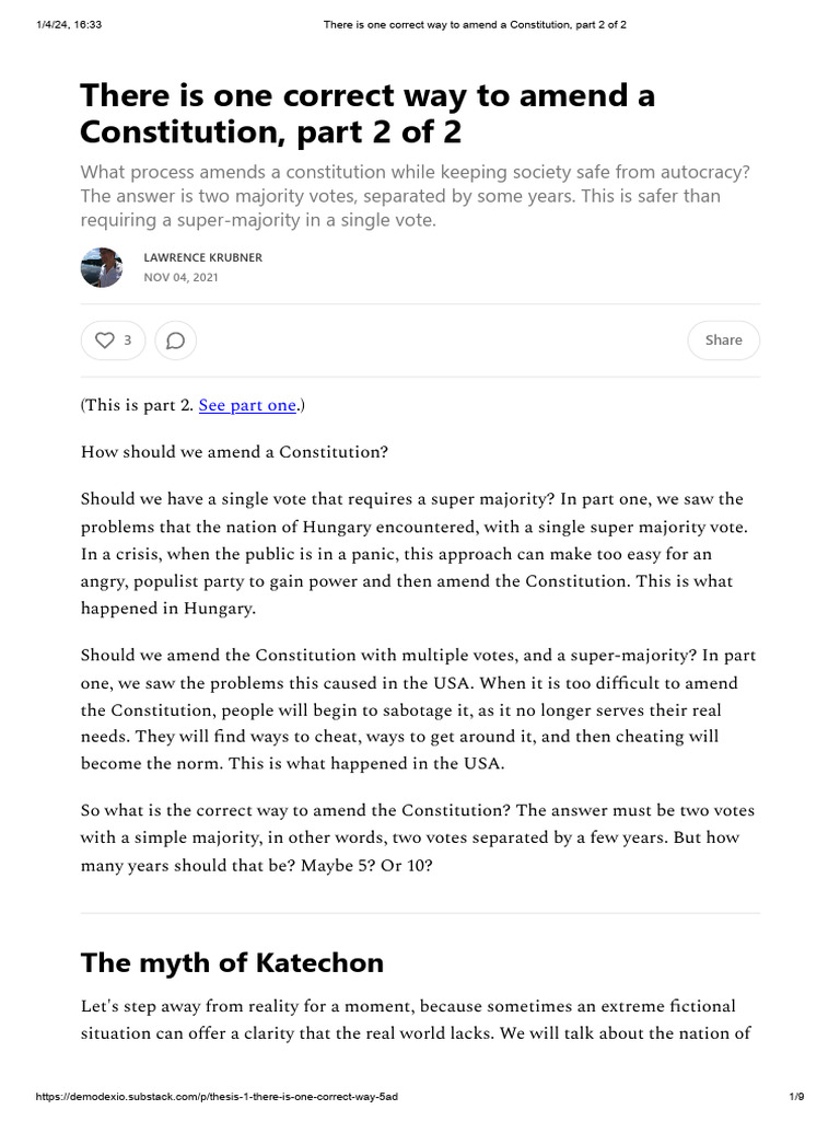 There Is One Correct Way To Amend A Constitution, Part 2 of 2 KRUBNER | PDF | Supermajority ...