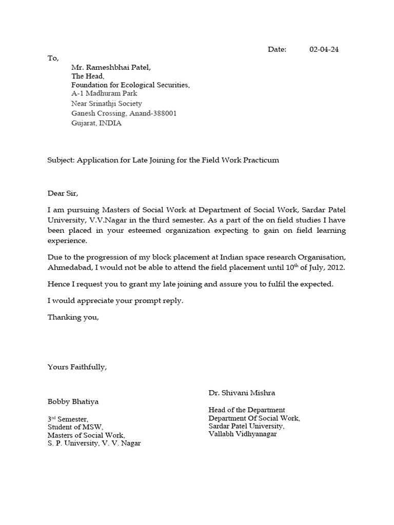 Late Joining Application for Field Work | PDF