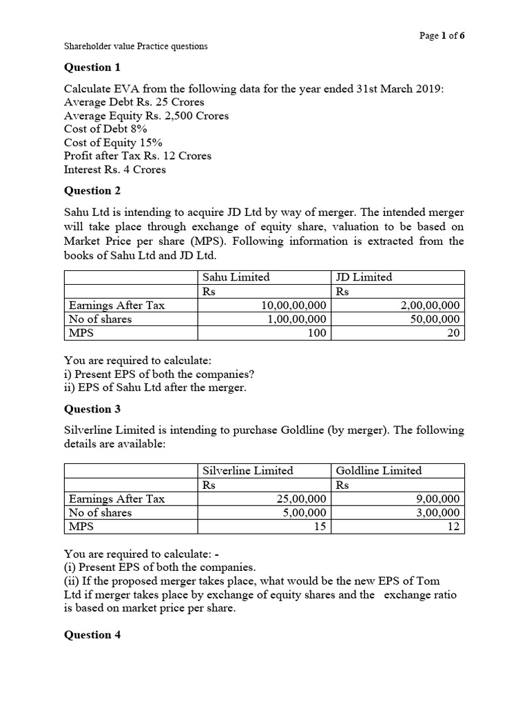 Shareholder Value Calculations | PDF | Mergers And Acquisitions | Stocks