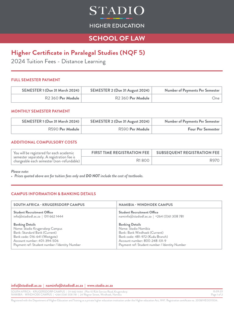 STADIO SOL DL Certificate - Paralegal Studies Fees 2024 | PDF | Fee