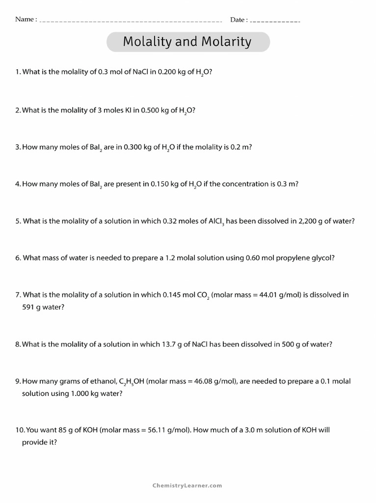 Molality and Molarity Worksheet | PDF