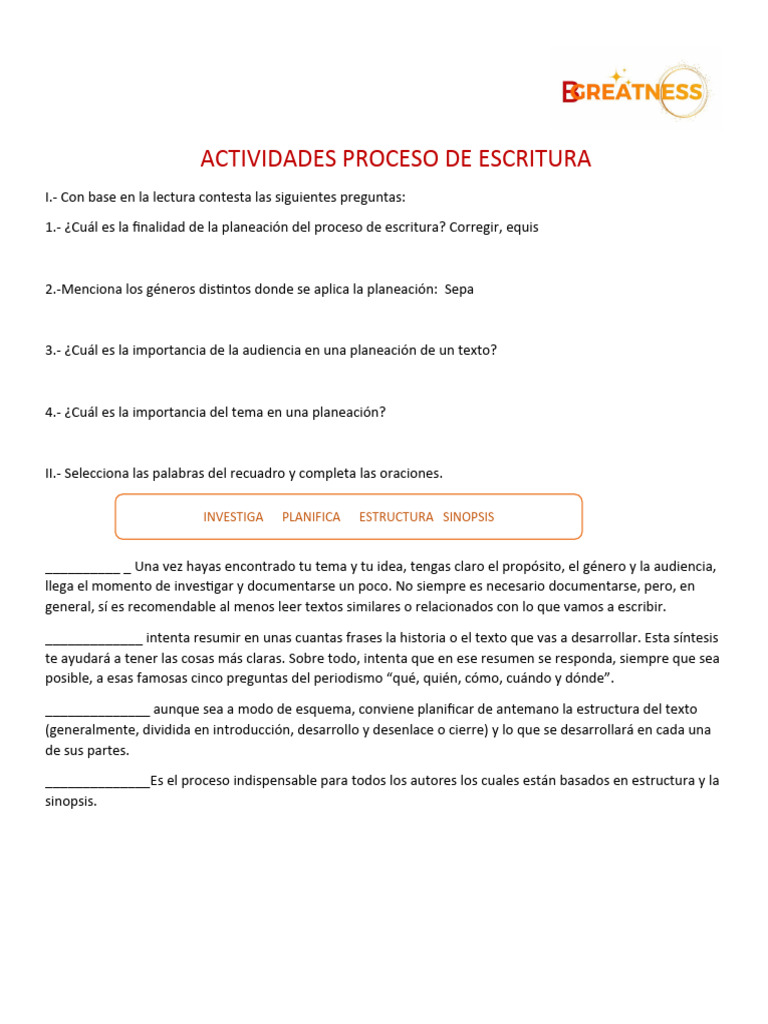 Actividades proceso de escritura | PDF | Comillas | Puntuación