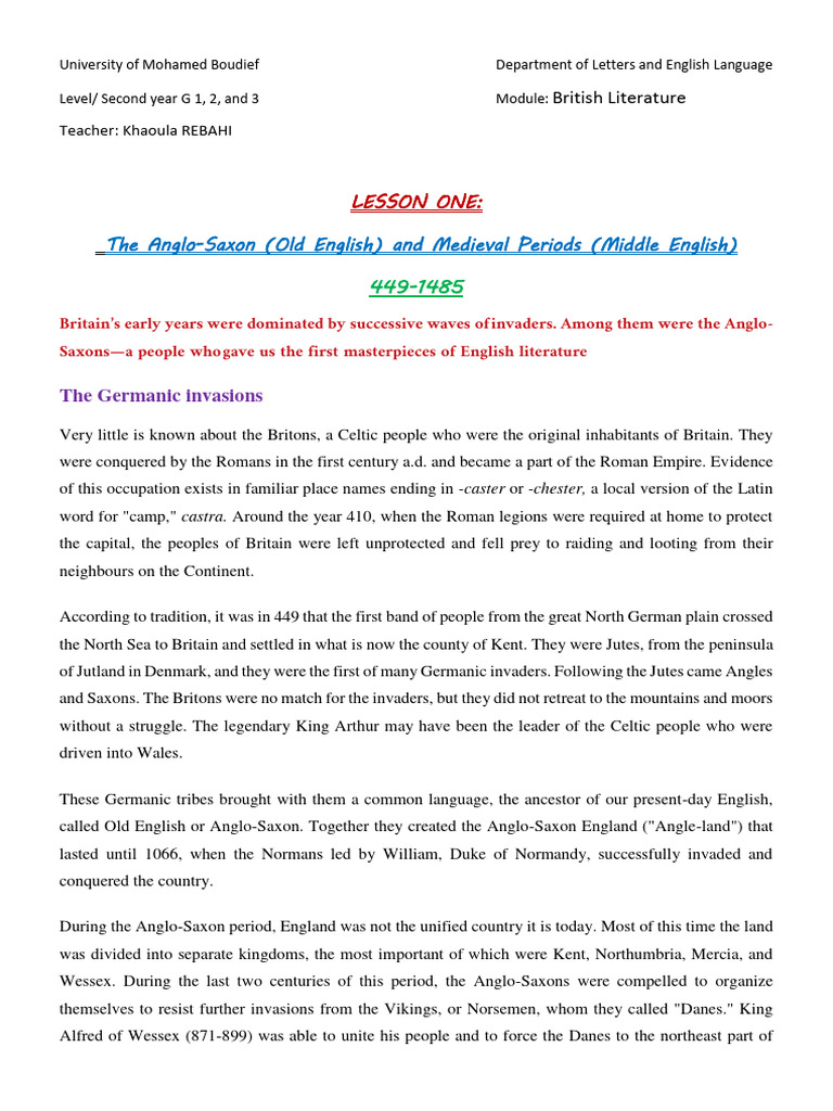 Literature Lesson I | PDF | The Canterbury Tales | Anglo Saxons