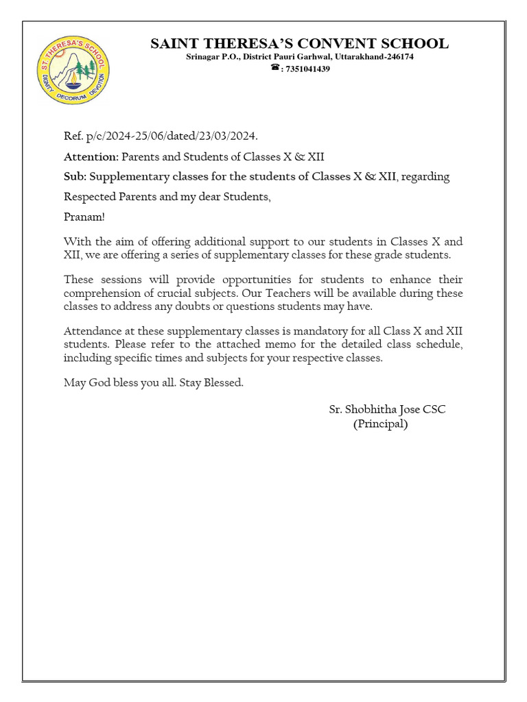 Supplementary Classes For The Students of Classes X & XII - Principal's ...