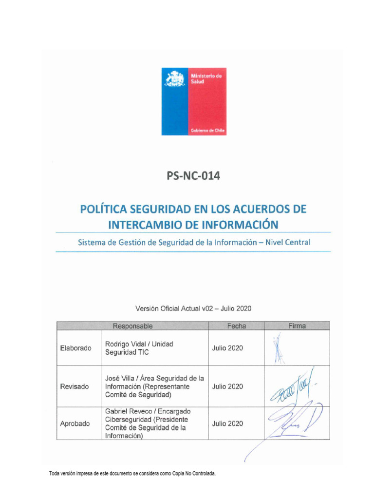 Política Acuerdos de Intercambio de Información PS NC 014 V.2 | PDF | Seguridad | La seguridad ...