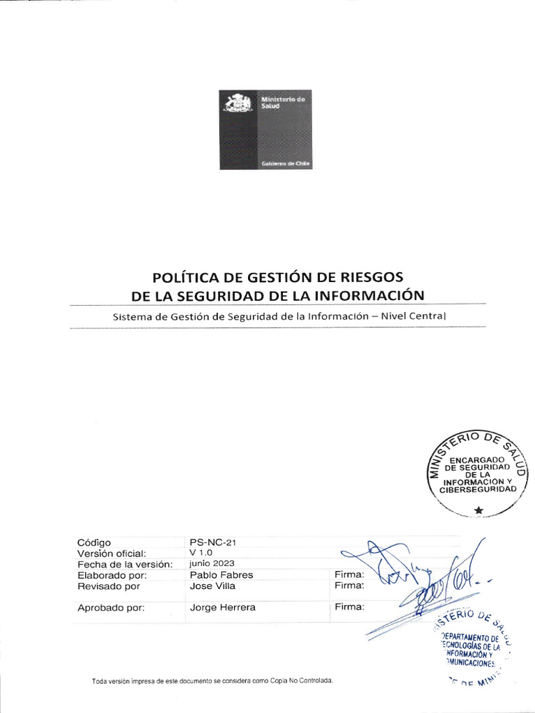 Politica de Gestion de Riesgos de Seguridad de La Informacion PS NC 21 V.1 | PDF