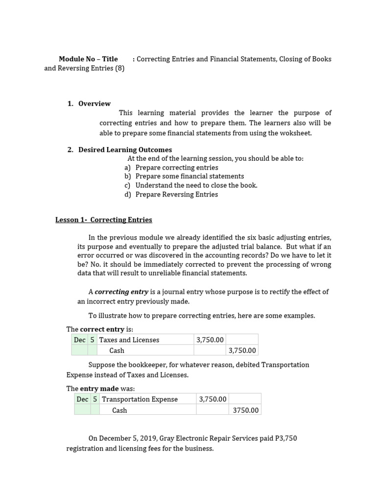 M8 Correcting Closing Reversing Entries and Financial Statements | PDF | Income Statement | Expense