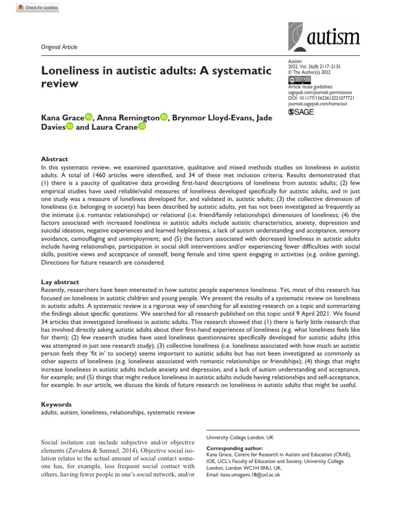 Loneliness in Autistic Adults: A Review | PDF | Autism Spectrum ...