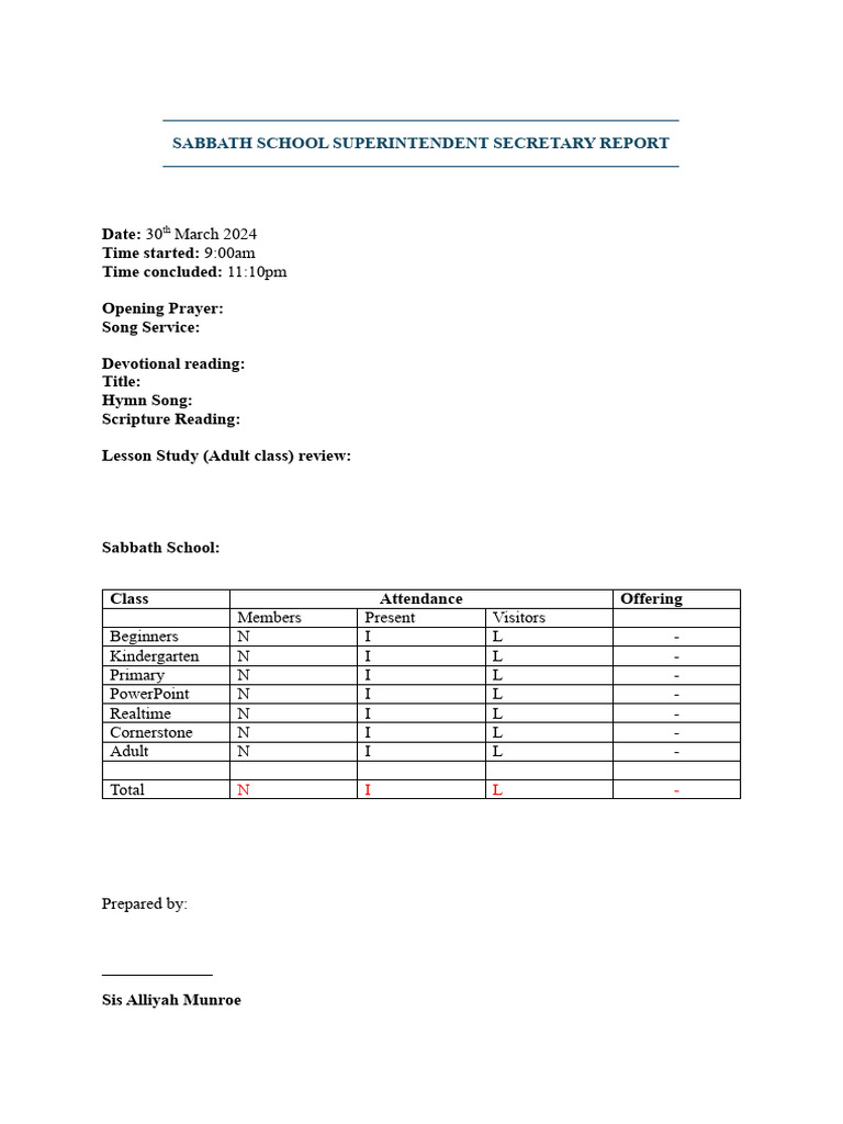 SS Sabbath School Superintendent Secretary Report | PDF